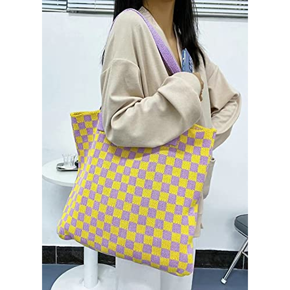 Pocadri Women's Contrasting Shoulder Bag Cotton Hemp Soft Multifunctional Large -Capacity Knitted Bag Handbags