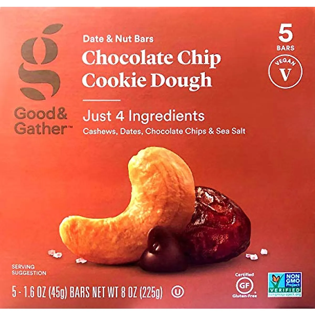 Organic Vegan Chocolate Chip Cookie Dough Date and Nut Nutrition Bars Gluten Free Chewy Healthy Snack with Calcium, Iron and Potassium, 5 Bars…