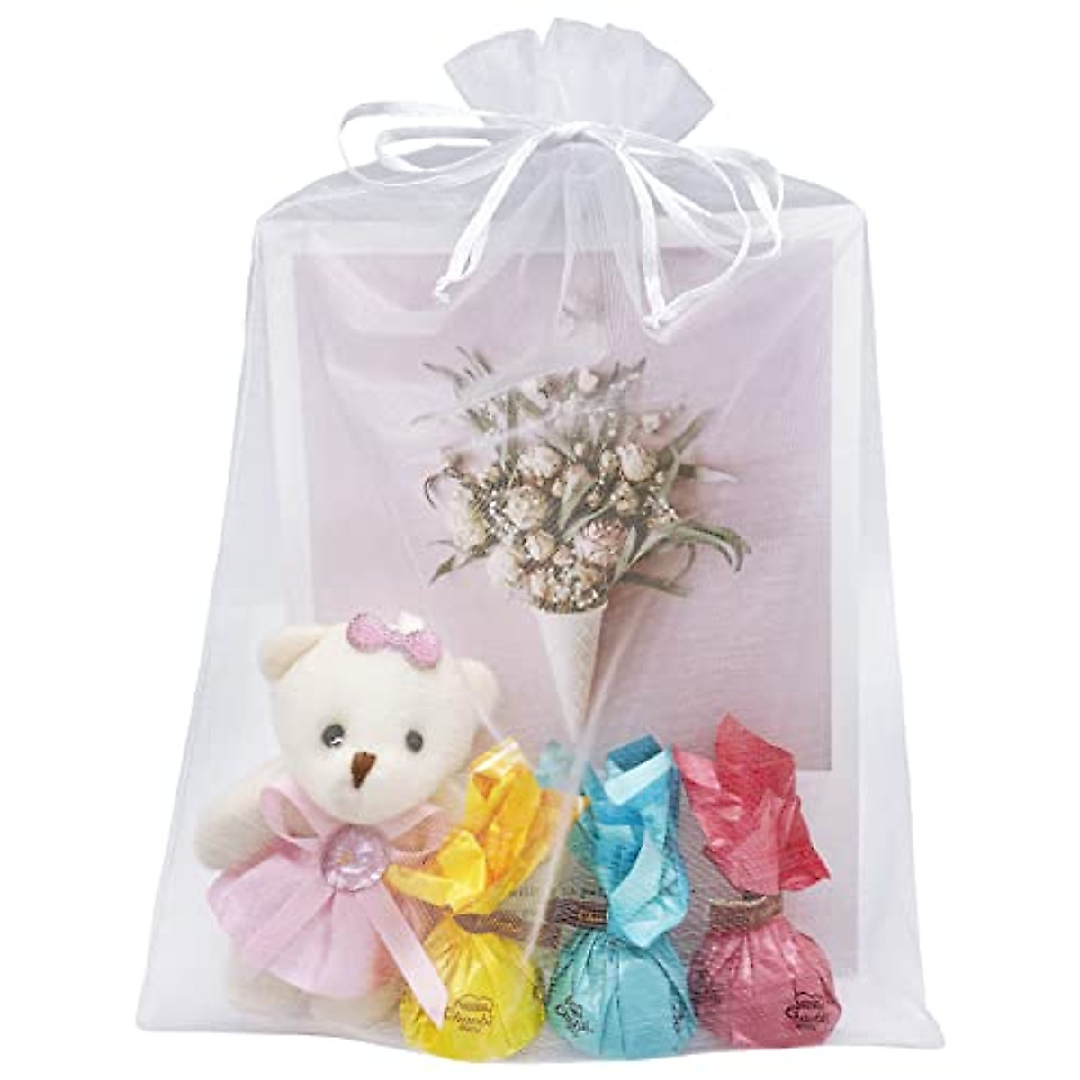 Jexila 50 Pack White Organza Bags 8X12 inch Large Mesh Gift Drawstring Pouch Goodie Bags for Party Christmas Wedding Party Favor Bags (White)