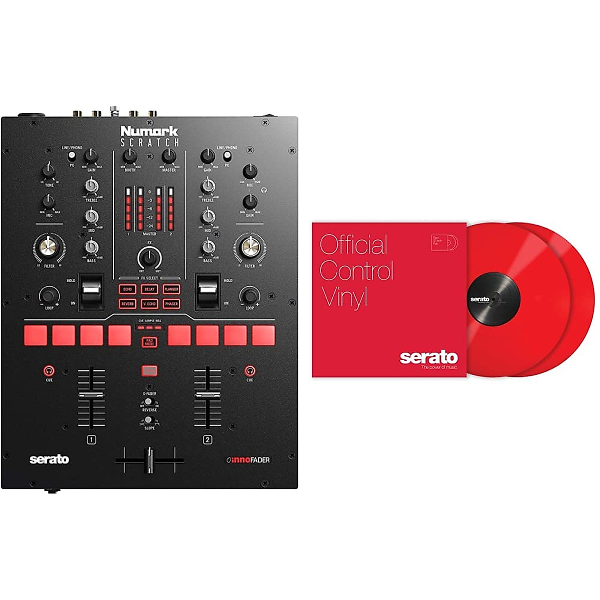 Numark Scratch | Two-Channel DJ Scratch Mixer for Serato DJ Pro (included) & Serato Control Vinyl 12" Pair Red