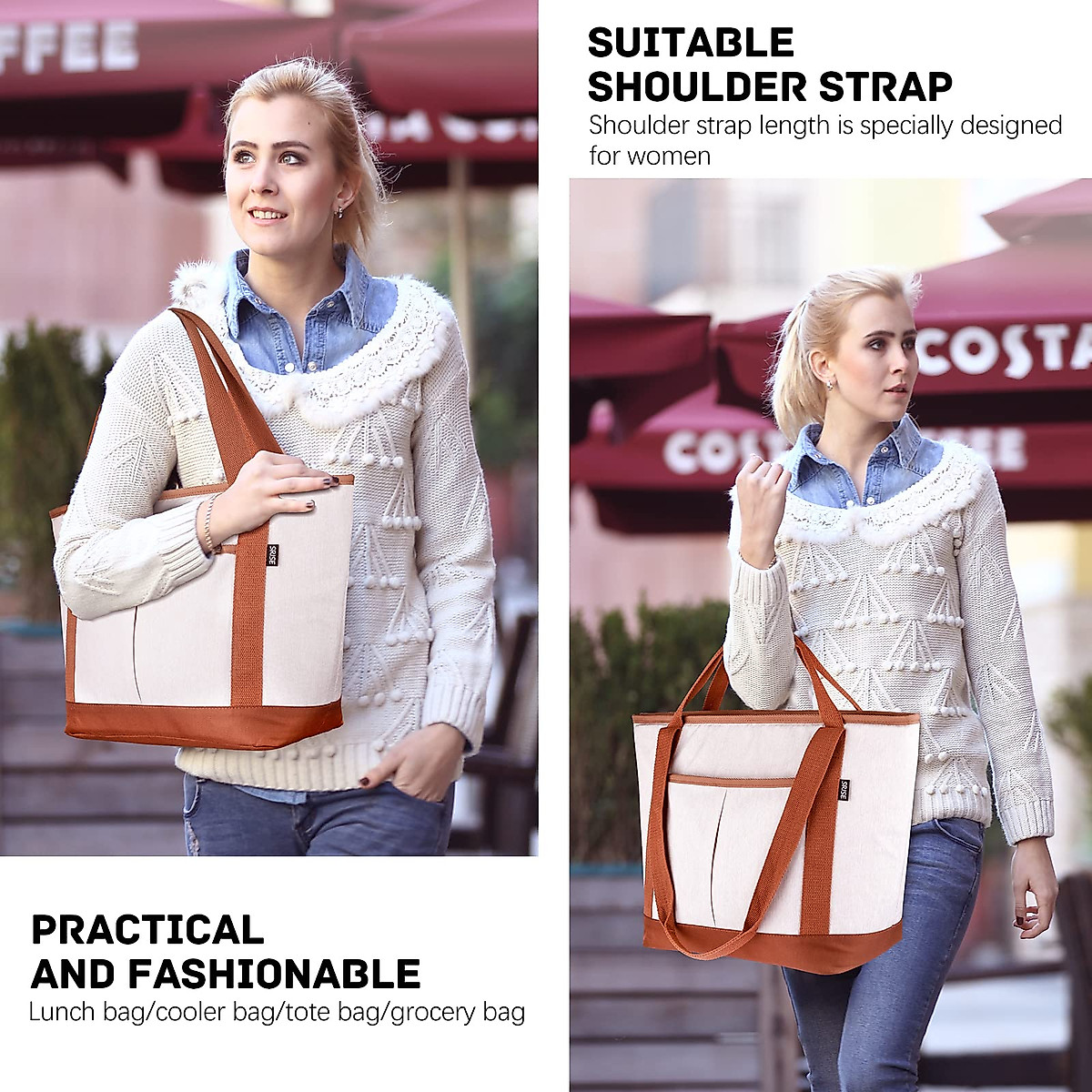 Large Insulated Cooler Bag 26 Can with Thermal Foam Leakproof Soft Cooler Bags Insulated Grocery Bag with Shoulder Strap Big Cooler Tote for Picnic, Camping, Grocery Shopping, Travel