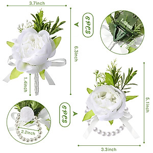 Jexine 12 Pcs Rose Wrist Corsage Wristlet Band Bracelet and Men Boutonniere Set White Flower Corsage Wrist Flowers and Boutonniere Buttonholes for Wedding Flowers Accessories Decor
