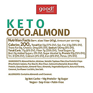 good! Snacks Keto Vegan Protein Bars, Coconut Almond, Gluten Free Keto Snack Bar, Low Carb, Low Sugar Meal Replacement, High Protein Healthy Snacks, 10g Protein, 3g Net Carbs, 12 Bars