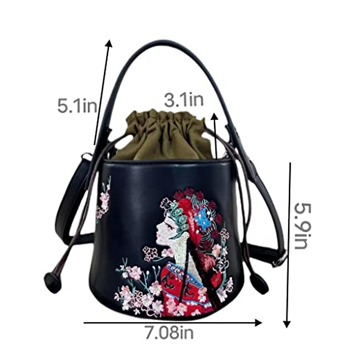 Yinzhenxiu-Small Women's Bucket Bag, PU Leather Drawstring Top Handle, Black/Colorful Embroidery Novelty Handbag Crossbody Bag