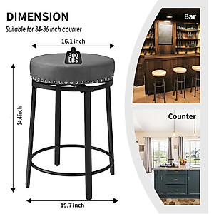 FLYZC Bar Stools Set of 2 Counter Height Swivel Bar Stools Backless Round Barstools 24inch Grey Upholstered Faux Leather Counter Height Stools Counter Stools for Kitchen Counter Island Grey