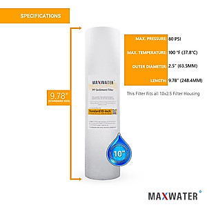 Max Water 10 inch x 2.5 inch, 1 Micron Replacement Sediment Water Filter Cartridge for Whole House, Melt Blown Filtration Fiber for Heavy Duty (Pack of 50)