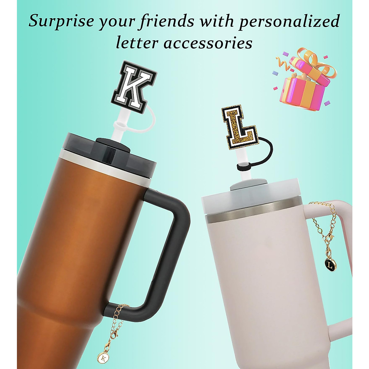 （3 +3) 3PCS Nuozme Straw Cover 10mm For Stanley Tumbler Cup Reusable Straw Cap Topper with 3 Initial Letter Charms Accessories Name ID Personalized Handle Charm For Stanley 30&40 Oz Cup Tumbler