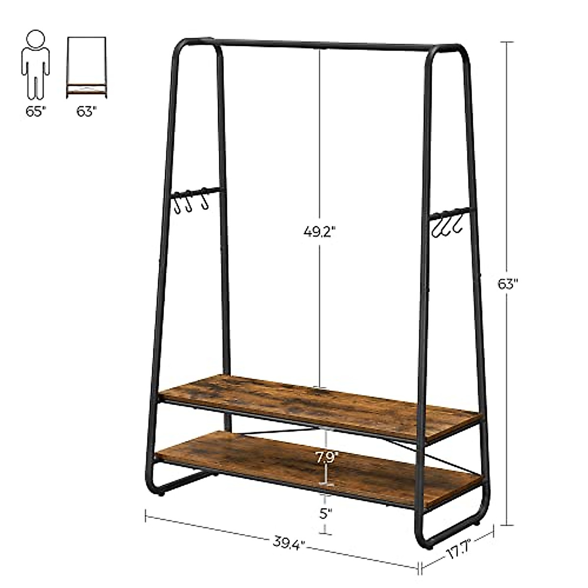 VASAGLE Clothes Rack, Clothing Rack for Hanging Clothes, Garment Rack with 2 Shelves, 6 S-Shaped Hooks, Steel Frame, for Bedroom, Rustic Brown and Black URGR112B01