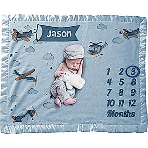 Personalize It Milestone Baby Blanket Custom Baby Boy Airplane Name Luxe Satin Trim Edge Double Sided Polar Fleece (Blue, 30 x 40)