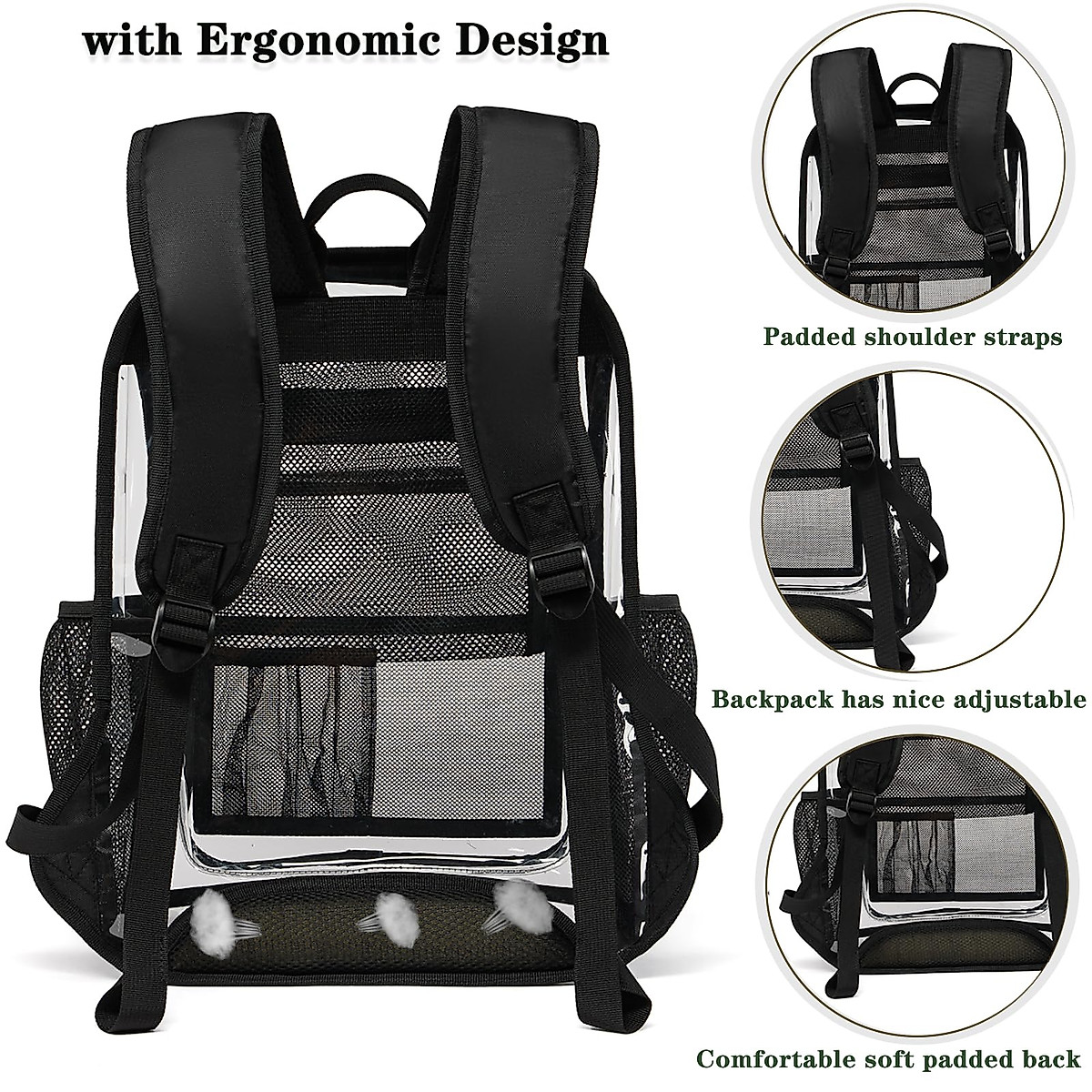 KUI WAN Clear Backpacks for School Large Clear Bookbag with Multi-Pockets PVC Transparent Backpack for College,Clear Black