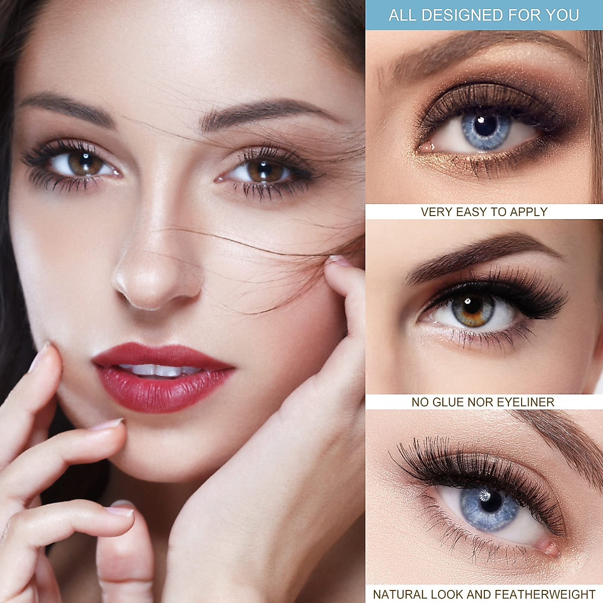 SQYlashes Glueless Lashes, Adhesive Lashes no Glue, Stick on Lashes, Self Adhesive Eyelashes Natural Look, Reusable and Waterproof (Black Color, 3 Pairs)