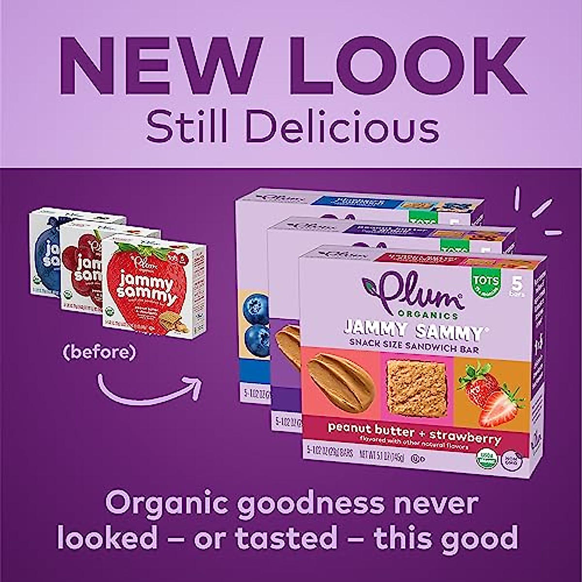 Plum Organics Sandwich Bars | Jammy Sammy | Variety Pack | 6 Count | Organic Snack for Kids, Toddlers | New Look, Packaging May Vary