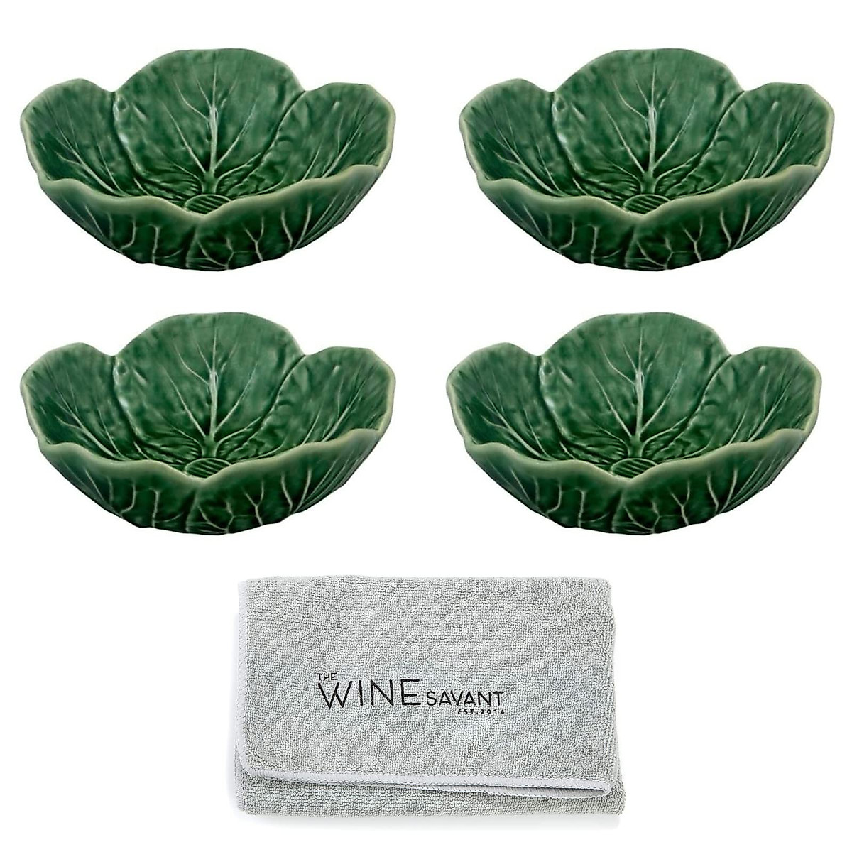 Bordallo Pinheiro Cabbage Bowl Green Set of 4 with Wine Savant Cleaning Towel Bundle Kitchen Bowls for Oatmeal, Ramen, Dessert, Snack, Pho, Salad, Soup, Pasta, Cereal Novelty Gifts 200 ml Capacity