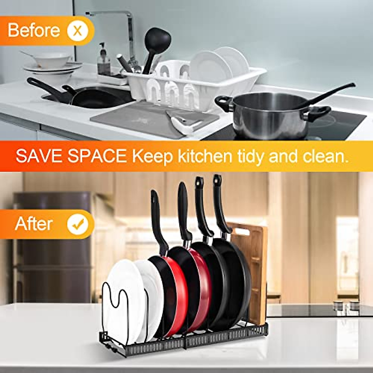 YUMPION Pot Organizer Rack for Cabinet, Expandable Pot Racks, Pots and Pans Organizer for Kitchen Cabinet, 3 Easy DIY Methods Pot Rack Organizer, Pot Lid Holder with 10 Adjustable Compartments