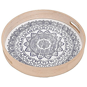 Round Wooden Tray Set with Handles Blue/White - Beautiful Mandala Trays by Camelot Design - Set of 2 Decorative Round Serving Trays