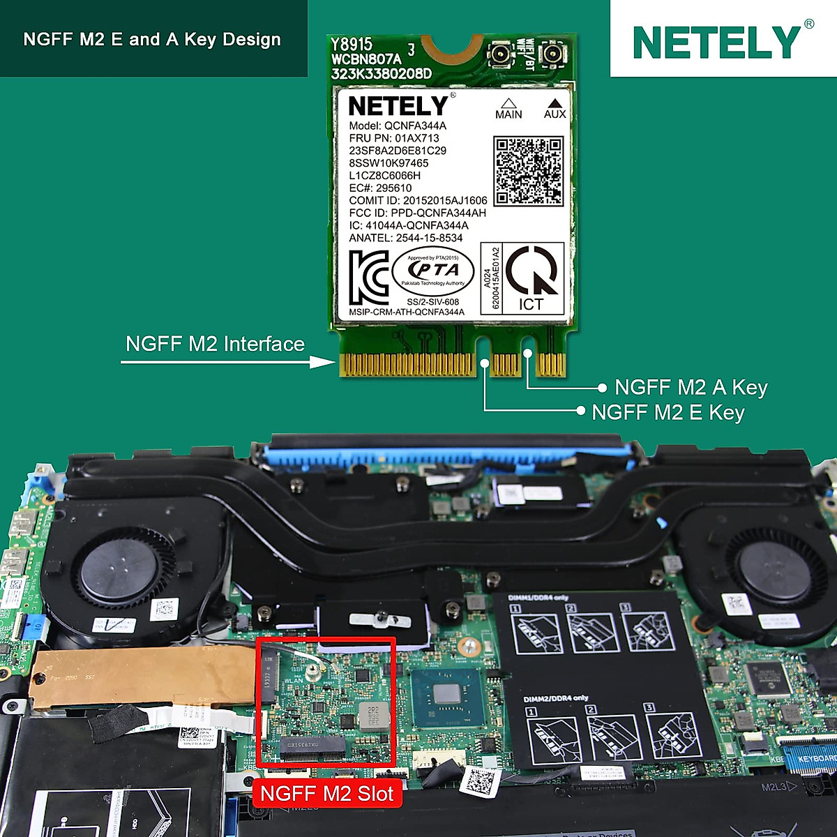 NETELY IEEE 802.11AC WiFi 5 NGFF M2 Interface 1200Mbps WiFi Adapter with Bluetooth 4.2 for Laptop PCs, 2.4GHz 300Mbps and 5GHz 867Mbps NGFF M2 WiFi Card, OEM Lenovo FRU PN: 01AX713 (QCNFA344A)