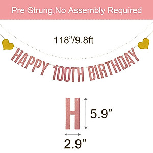 HAPPY 100TH BIRTHDAY Banner,Pre-Strung,Rose Gold Glitter Paper Garlands for Woman's 100 Years Old 100TH Birthday Party Decorations,Letters Rose Gold,ABCpartyland