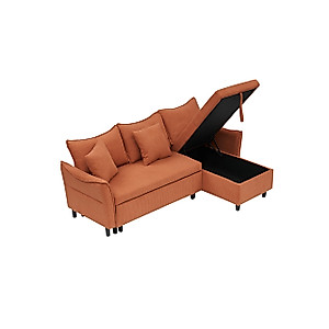 FHUKMZOI 80" Corduroy L-Shaped Convertible Sectional Couches Sofa with Reversible Storage Chaise, Pull-Out Sleeper Sofa Bed with Throw Pillows for Living Room, Office, Apartment (Orange)