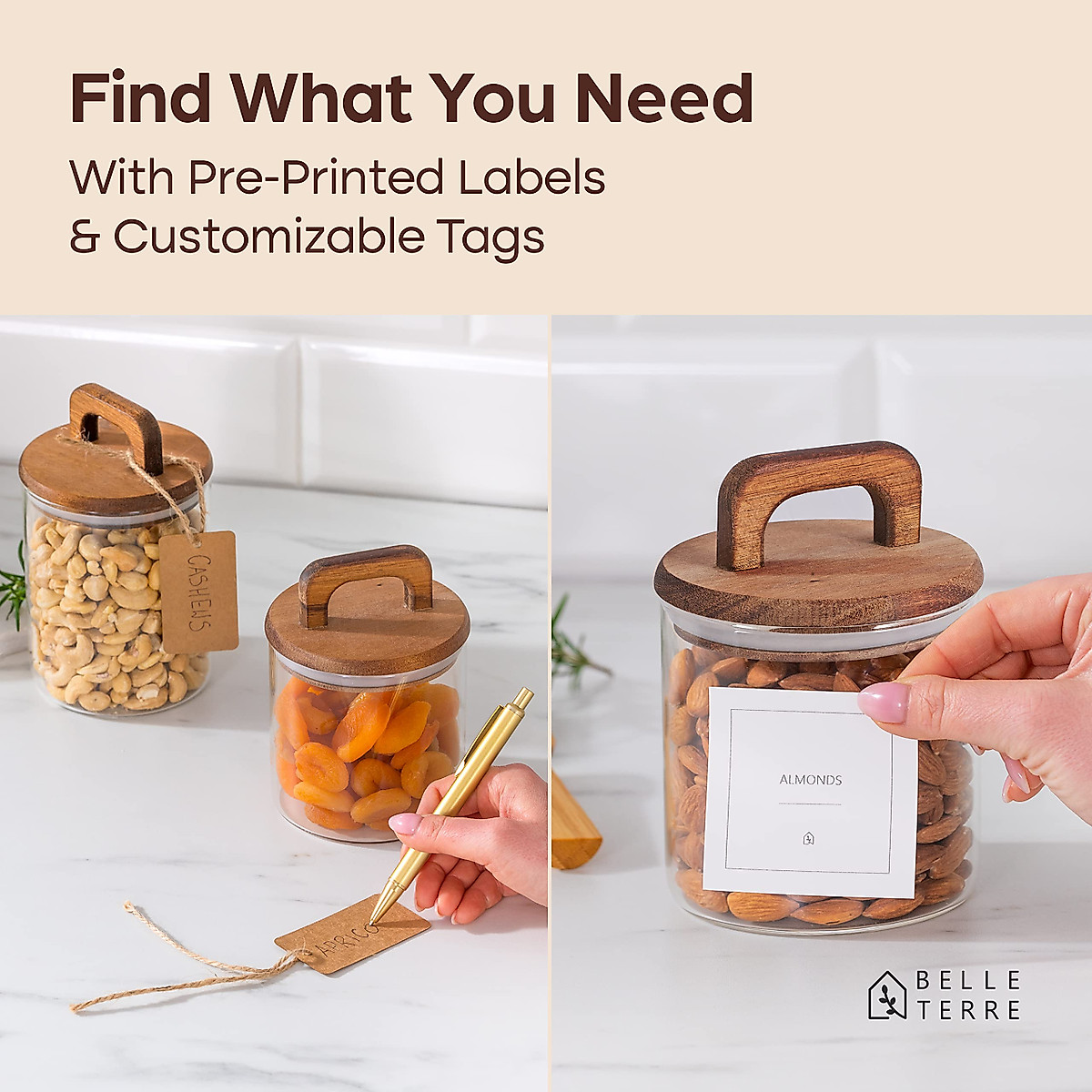 BELLE TERRE Premium Glass Jar Set - 6 Canisters with Airtight Natural Acacia Lids, Custom Labels & Spoons - Food Storage Containers & Pantry Organization - 17oz, 25oz, 34oz - Transparent, Durable