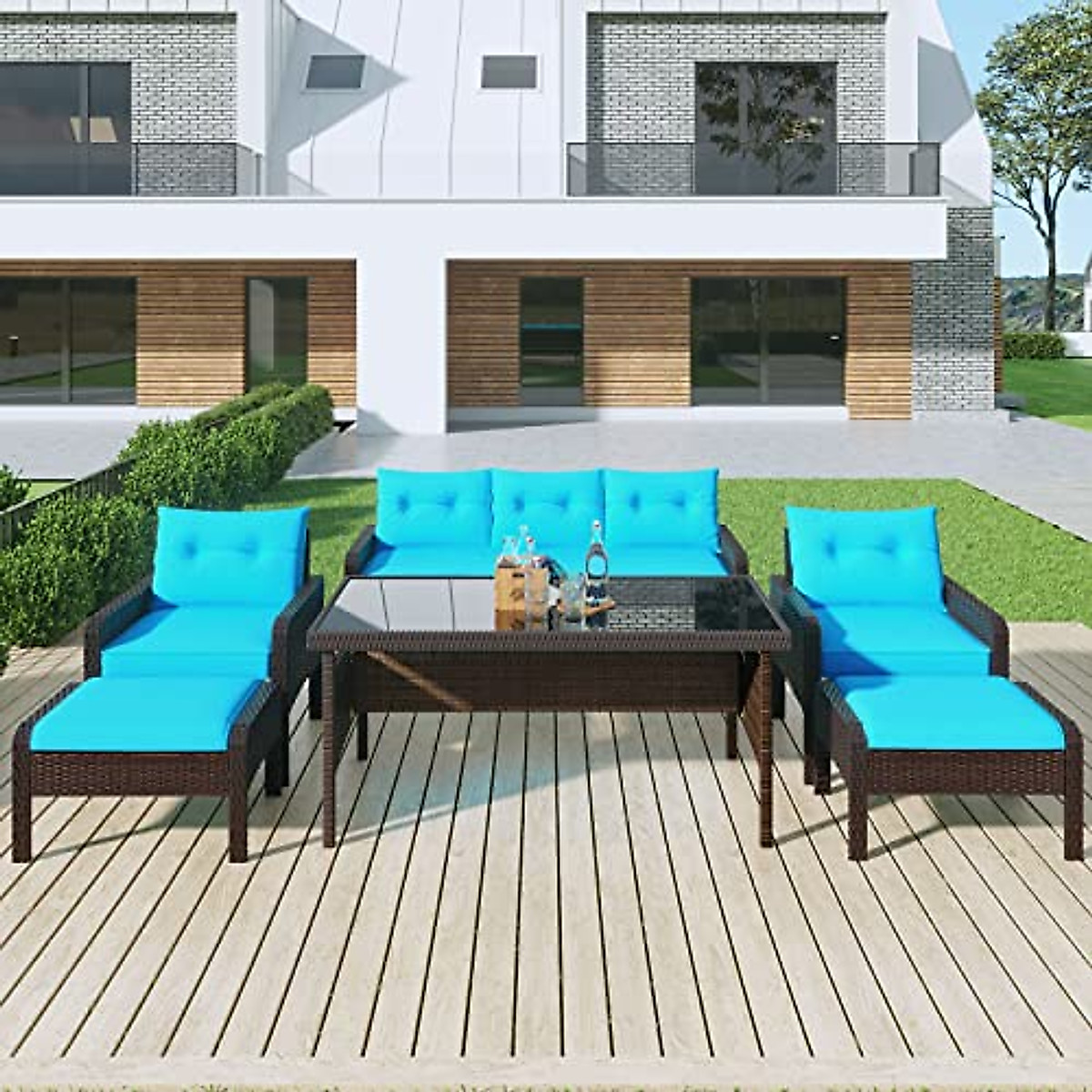 GODAFA 6-Piece Outdoor Patio Furnitures Set, PE Rattan Sofa with Removable Tempered Glass Tea Table for Backyard, Poolside, Deck, Blue, Brown Wicker,Light Coffee Cushion
