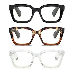 ZXYOO 3 Pack Oversize Square Design Reading Glasses for Women, Blue Light Blocking Computer Reader (Black&Leopard&Transparent, 1.25)