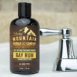 Rocky Mountain Barber Company Bay Rum All-In-One Body Wash - Shampoo, Body Wash, Conditioner, Face Wash & Beard Wash with Aloe Leaf Juice - 8 oz