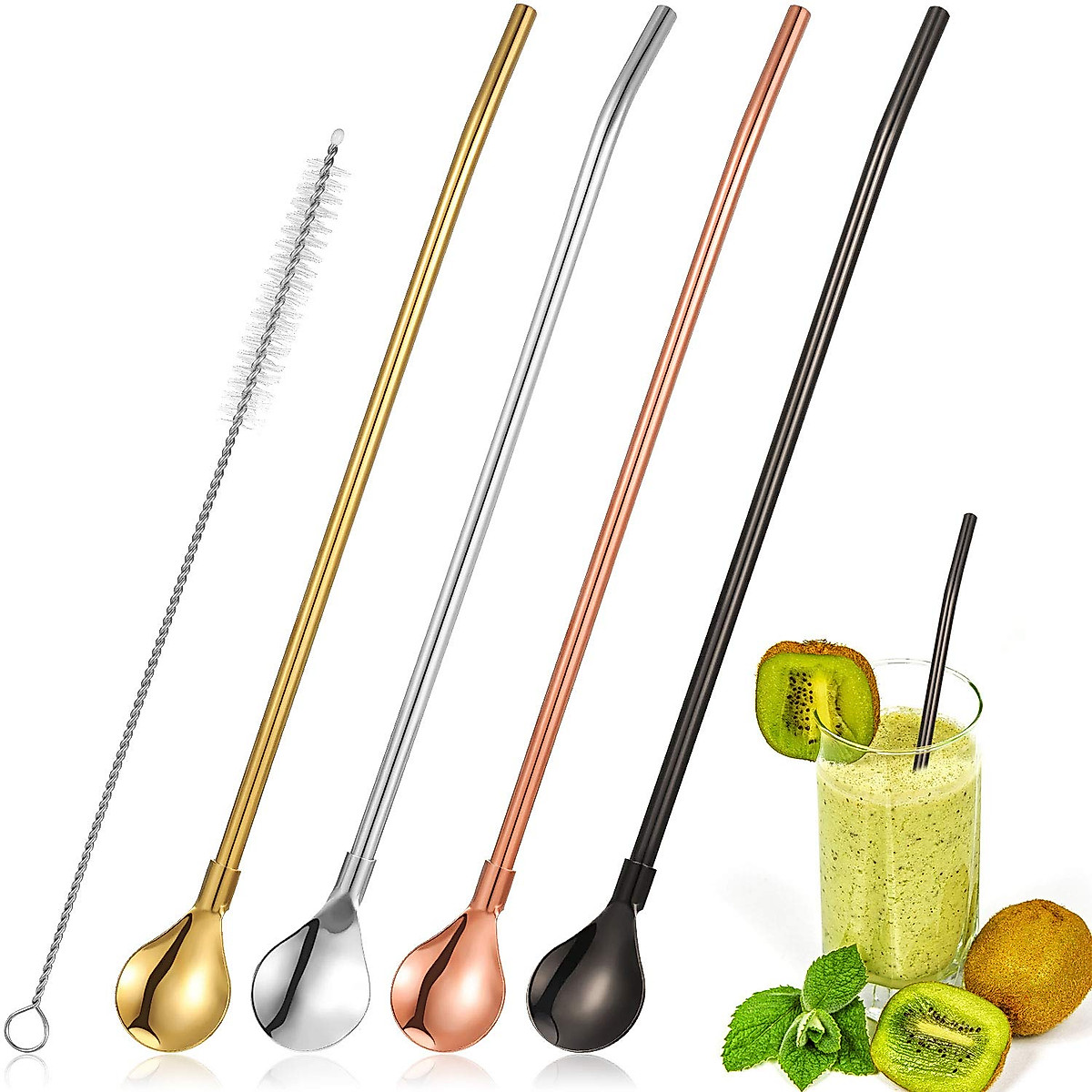 4 Pieces Spoon Straws Stainless Steel Drinking Spoon Straws Reusable Metal Cocktail Spoons Straws with Long Cleaning Brush