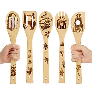 Nightmare Before Christmas Gifts - 5 Pcs Wooden Spoons for Cooking,Nightmare Before Christmas Kitchen Utensils Set,Wood Cooking Utensils set for Mothers Day Gifts