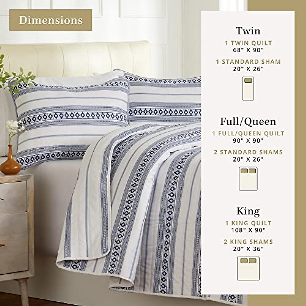 3 Piece Quilt Set with Shams | Soft & Breathable Bed Cover for Spring & Summer | Hypoallergenic All-Season Quilt | Multi Layer Coverlet | Lightweight Bedspread | Boho Stripes | Sydney Collection…