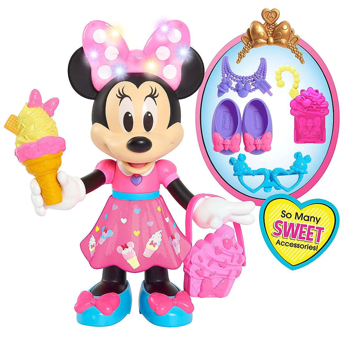 Disney Junior Sweets & Treats Minnie Mouse, Interactive 10-Inch Doll with Lights, Sounds, and Accessories, Officially Licensed Kids Toys for Ages 3 Up, Amazon Exclusive