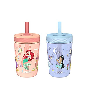 Zak Designs Disney Princess Kelso Toddler Cups For Travel or Home, 15oz 2-Pack Durable Plastic Sippy Cups, Leak-Proof For Kids (Ariel, Aurora, Belle, Cinderella, Jasmine, Mulan, Rapunzel, Tiana)
