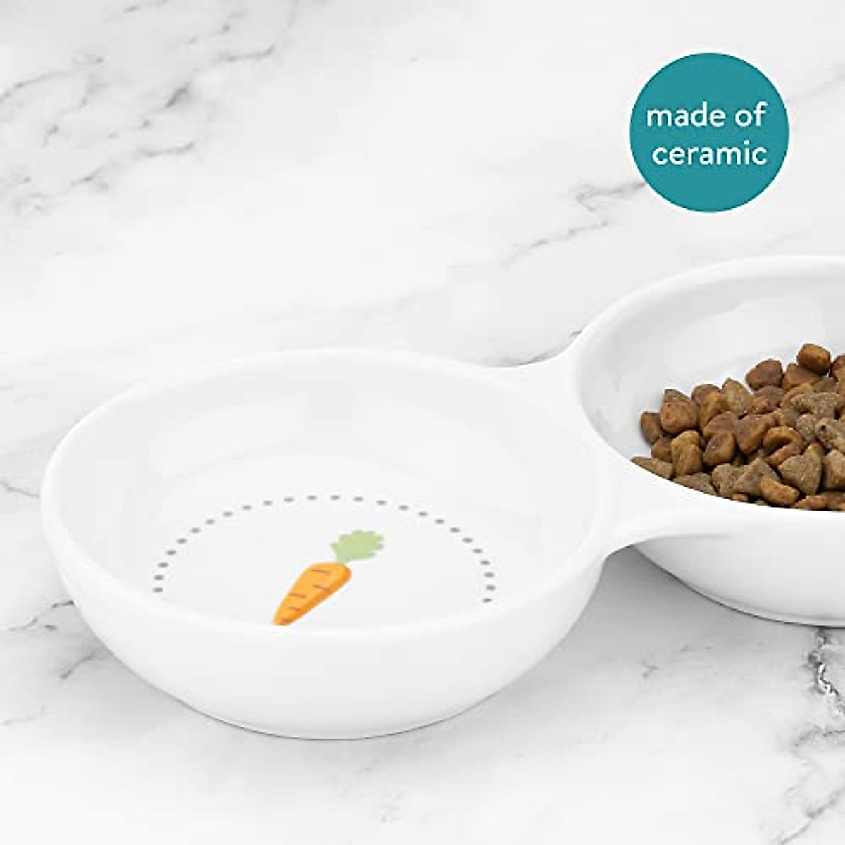 Navaris Double Food Bowl for Small Animals - Ceramic Food Bowls for Rabbits, Guinea Pigs, Small Pets - Rabbit Water Dish - Carrot and Grass Design