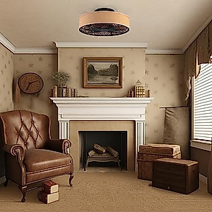 HUOGME 20" Caged Ceiling Fan with Light : Low Profile Fabric Farmhouse Remote Control Flush Mount Enclosed Ceiling Fan with Light for Bedroom Living Room Kitchen Indoor (Ginger)