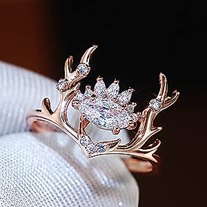 Sdouefos Fashion Glittering Zircon Embellished Lovely Rose Gold Elk Antlers Zircon Wedding Ring Exquisite Cute Elk Antler Zircon Crystal Ring Birthday Anniversary Jewelry (7)