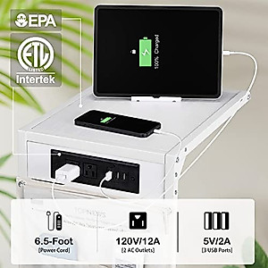 Set of 2 C Shaped End Table with Charging Station, Snack Side Table, C Tables for Couch, Couch Tables That Slide Under, for Living Room, Bedroom, White