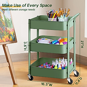AOODA 3 Tier Under Desk Rolling Cart with Handle and Lockable Wheels, 27'' Height Small Metal Book Cart Mobile Art Cart Rolling Storage Organizer for Office, Kitchen, Bathroom (Aqua Green)