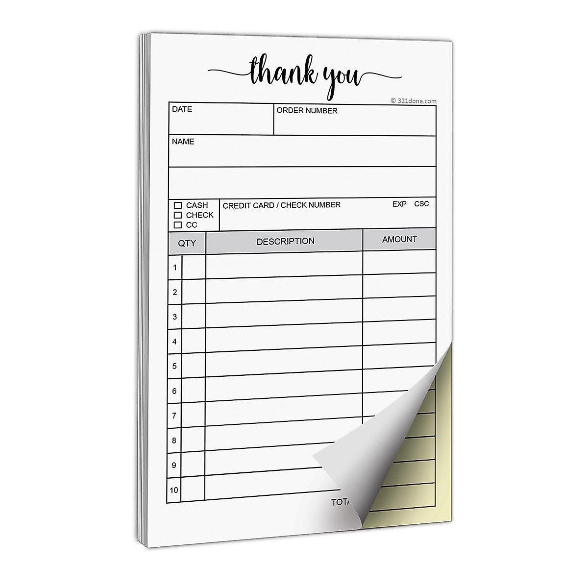 321Done Thank You Receipt Book, 3.4x5.5 Handheld 2-Part Carbonless, Made in USA, Carbon Duplicate Copy Sales Order Form, Invoice Pad, Cute Convenient for Small Boutique Business (50 Sets) White/Yellow