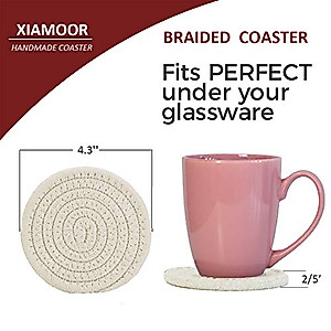 Absorbent Drink Coasters Handmade Braided Drink Coasters 6 Pack (4.3 Inch, Round, 8mm Thick) Super Absorbent Heat-Resistant Coasters for Drinks Great Housewarming Gift (Beige, 6 Pack)