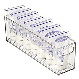 mDesign Plastic Long Stackable Storage Organizer Container, Organization Bin w/Handles for Kitchen, Pantry, Fridge, Freezer, Cabinet, Perfect to Hold Breast Milk - Ligne Collection - 4 Pack, Clear