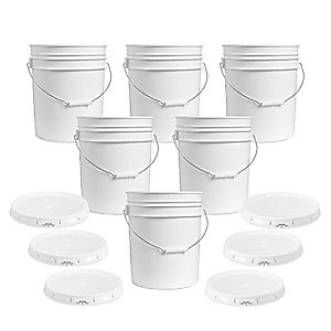 5 gallon Food Grade White Plastic Bucket with Handle & Lid - Set of 6