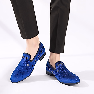 XQWFH Mens Velvet Rhinestone Designer Dress Loafers for Wedding Party Penny Slip-On Glitter Fashion Tuxedo Shoes (Blue)