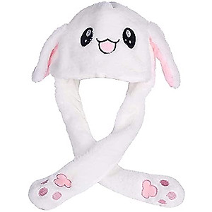 CNHNGTS Funny Plush Bunny Moving/Jumping Rabbit Cute Unisex Animal Ear Flap Hat with Paws for Women Girls, White, One Size