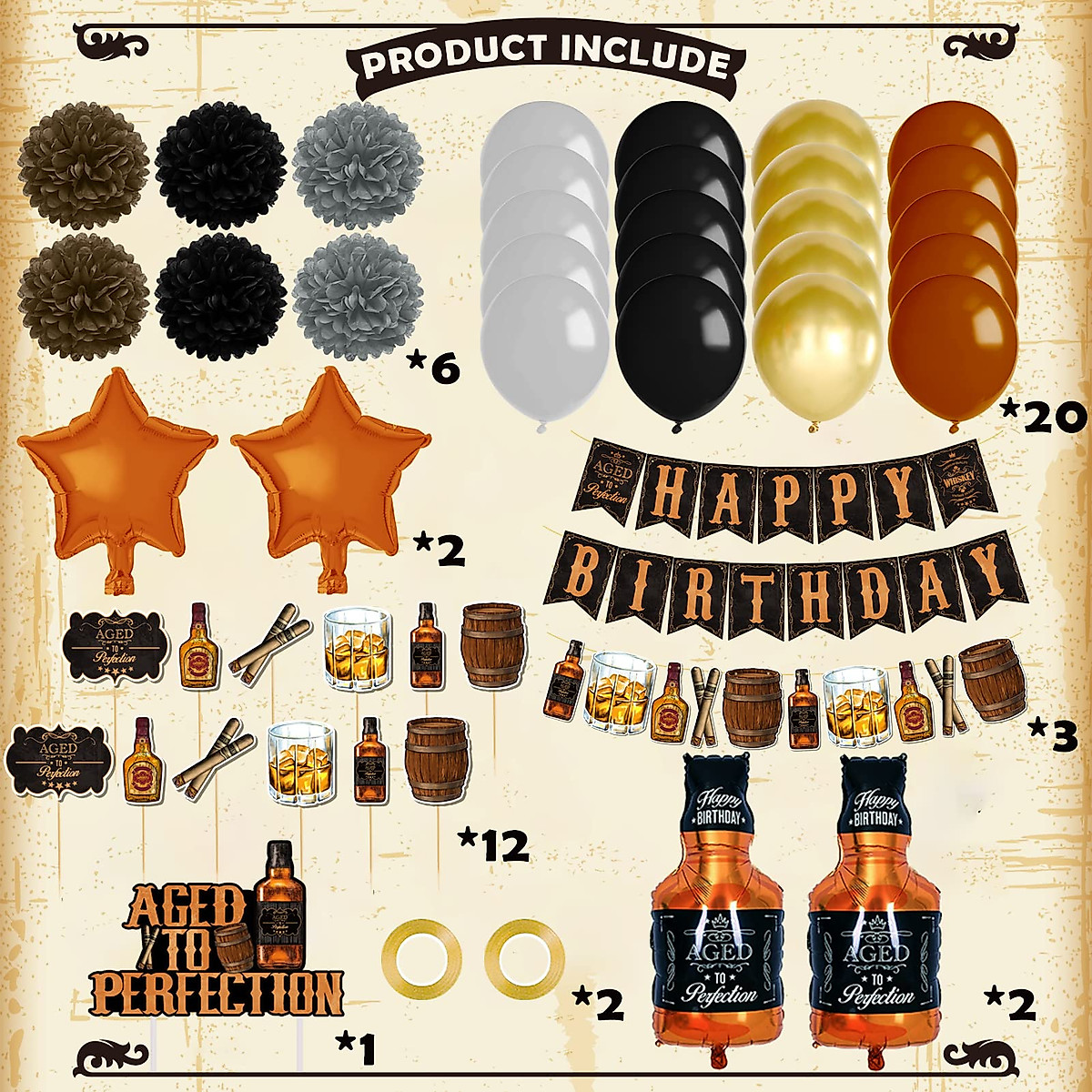 BORAMDO Whiskey Birthday Party Decorations for Men, Aged to Perfection Party Supplies including Whiskey Birthday Banner, Cake Toppers, Whiskey Foil Balloons, Tissue Paper Flowers (brown)