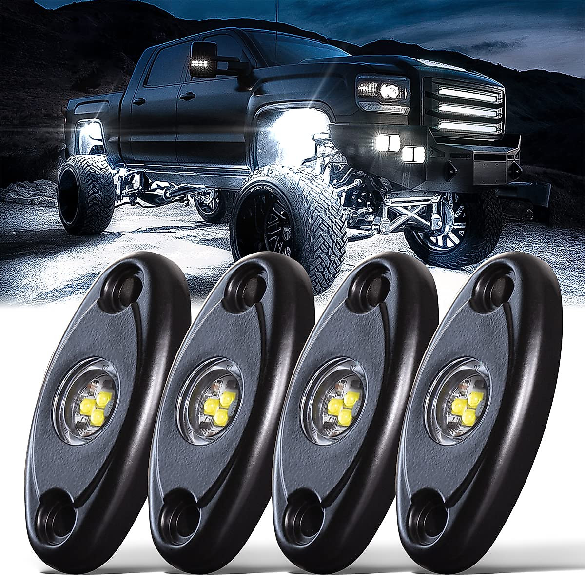 LEDMIRCY LED White Rock Lights 4PCS Super Bright Pure White Rock Lights for Off Road Trucks RZR Boat Car ATV UTV SUV Underglow Neon Lights Underbody Trail TRAI Rig Lights Waterproof Shockproof