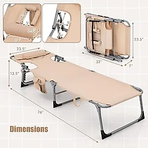 Goplus Tanning Chair, Folding Adjustable Patio Lounge Chair with Face Hole, Removable Pillow, 330LBS, Carry Strap, Outdoor Sunbathing Chair, Lightweight Portable Beach Lounge Chair (1, Beige)