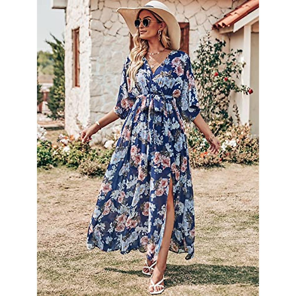 ANRABESS Women’s Summer Loose Boho Flowy Wrap V Neck 3/4 Sleeve Floral Print Slit Beach Wedding Guest Long Maxi Dresses Navy Flor Large