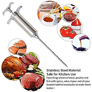 Meat Injector Syringe,Stainless Steel Injector Gun Kit with Case,2-Oz Marinade for Smoking,With 3 Professional Needles 2 Cleaning Brushes And 4 Silicone O-Rings,1Cleaning Silicone Brush (silver)