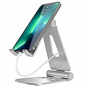 KTRIO Adjustable Cell Phone Stand, Aluminum Phone Stand for Desk, Foldable Phone Holder Compatible with iPhone 13 Pro Max 11 12 Xr 8 7 SE, Pad, Tablet, Smartphone - Silver