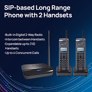 EnGenius FreeStyl SIP2, Long Range, Portable 900 Mhz VoIP Phone with 2-Way Radio for Broadcast/Intercom, Expandable up to (10) Handsets per Base, 10 Acres of Coverage, Includes (2) Handsets