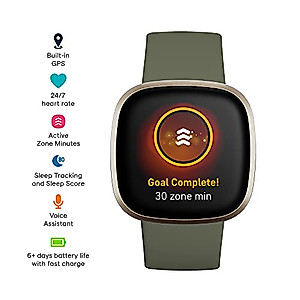 Fitbit Versa 3 Health & Fitness Smartwatch with GPS, 24/7 Heart Rate, Alexa Built-in, 6+ Days Battery, Olive/Soft Gold, One Size (S & L Bands Included)